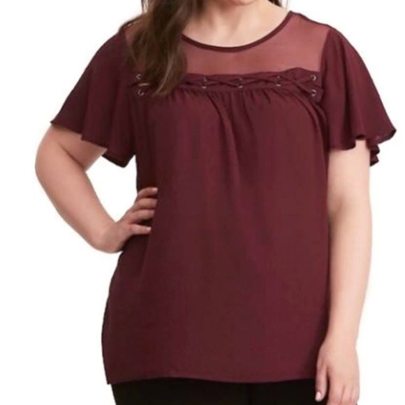 Tops | Torrid Burgundy Lace Up Mesh Inset Top | Poshmark
